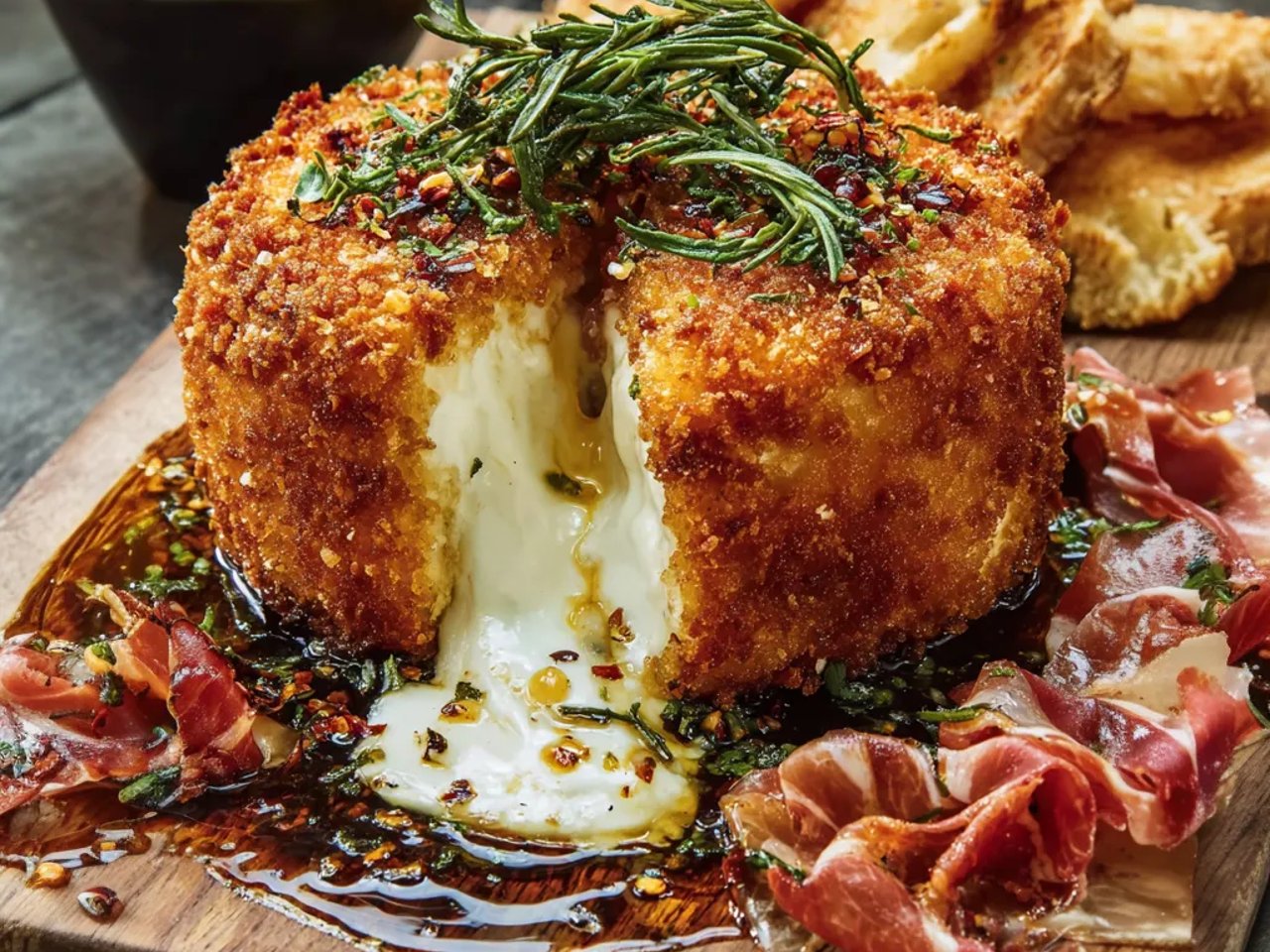 Crispy Fried Brie with Pepper Honey & Warm Lemon-Herb Olives – New and Tips